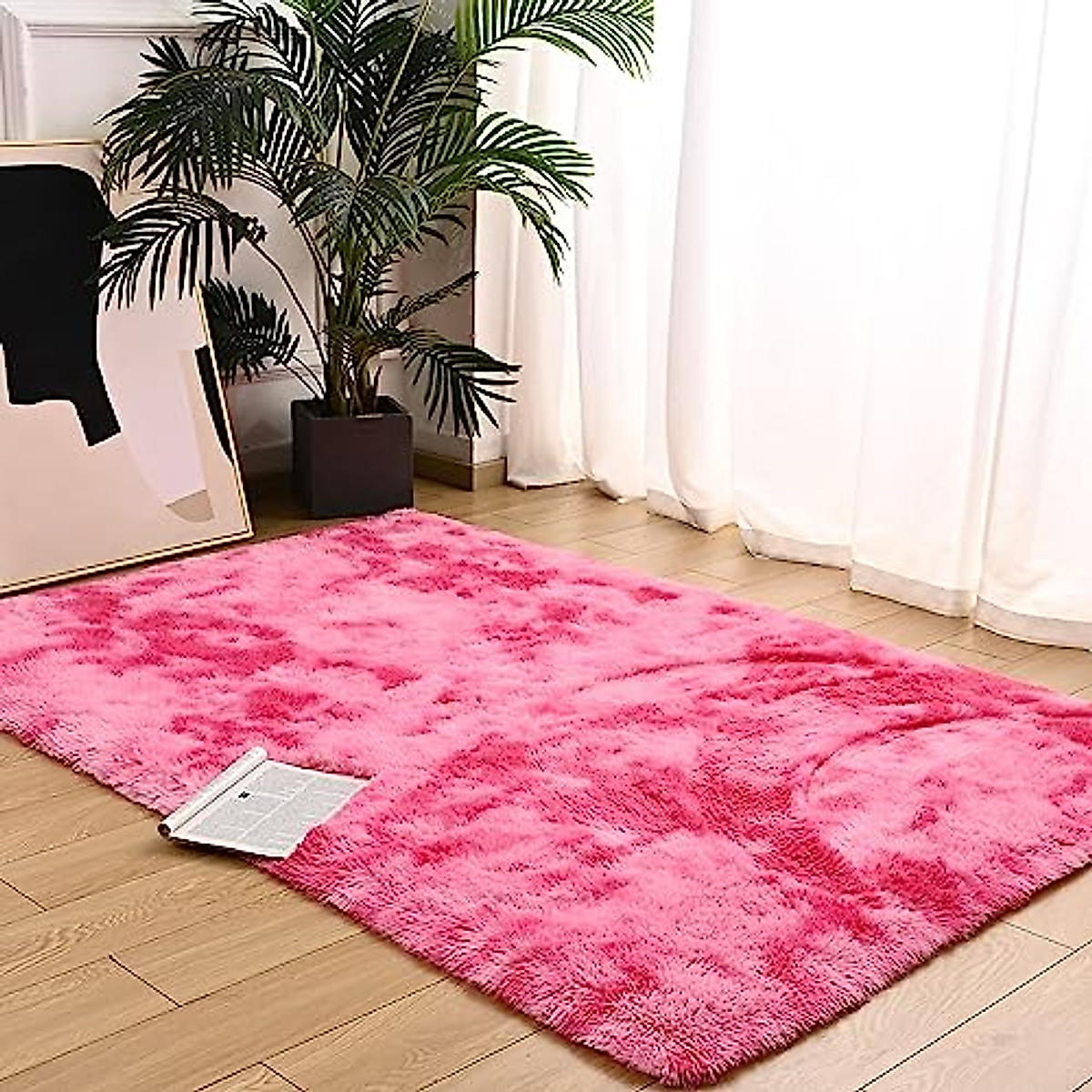 Vocrite Pink Area Rug for Girls Bedroom, Fluffy Shag Rugs for Living Room, Shaggy Furry Fuzzy Faux Fur Rug for Nursery Kids Room, Cute Pink Home Decor for Dorm Playroom 4x6 Ft, Hot Pink