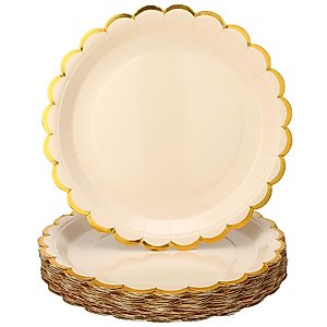 Maxcheck 50 Pcs Creamy White Scalloped Paper Plates with Gold Foil 9 Inches Disposable Paper Party Plates for Cake Dessert Birthday Baby Shower Wedding Tea Party Supplies