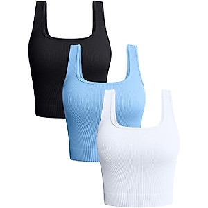 OQQ Women's 3 Piece Tank Tops Ribbed Seamless Workout Exercise Shirts Yoga Crop Tops Black Candyblue White