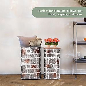 Hallops Set of 2 Rustic Storage Ottoman Seat Stool - Rustic End Table with Storage Container Bin - Galvanized Metal Finish with Wood Cover - Country Cottage Style Accent Furniture - Grey