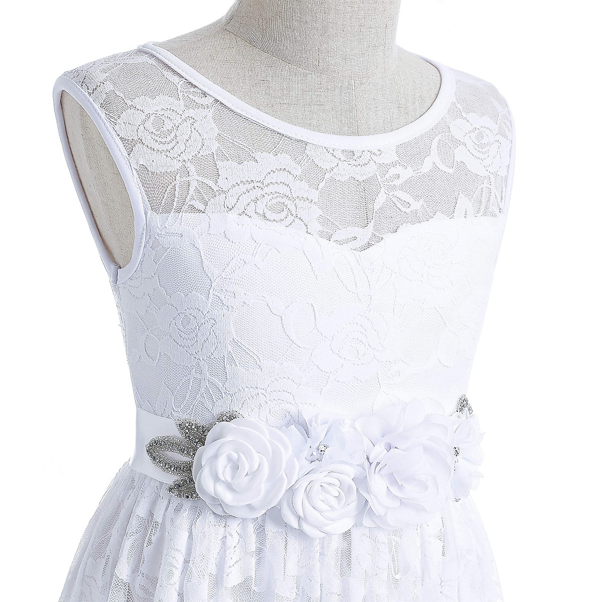 Weileenice Boho Flower Girls Dress Ribbon Belts Wedding Bridesmaid Ball Gown Big Girl Dedication Baptism Communion Lace Formal Long Dresses White 8-9 Kids Birthday Party Gowns Accessory Sash Holiday