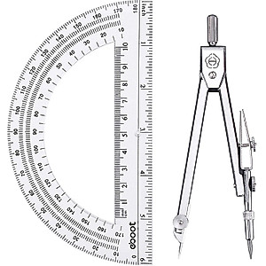 Student Geometry Math Set, Drawing Compass and 6 Inch Clear Swing Arm Protractors 180 Degree Math Protractor (Style 1)