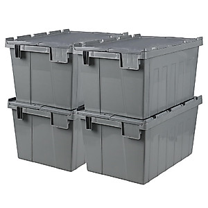 Sosody 4 Packs 15 Gallon Heavy Duty Plastic Stackable Storage Bin Tote, Gray Plastic Distribution Container With Hinged Lid