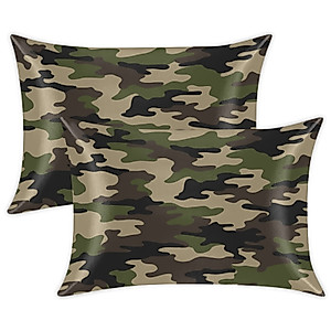 Classic Camo Print Camouflage Satin Pillowcase for Hair and Skin Queen Size Set of 2 Cooling Pillow Case Cover with Envelope Closure, 20"x30"