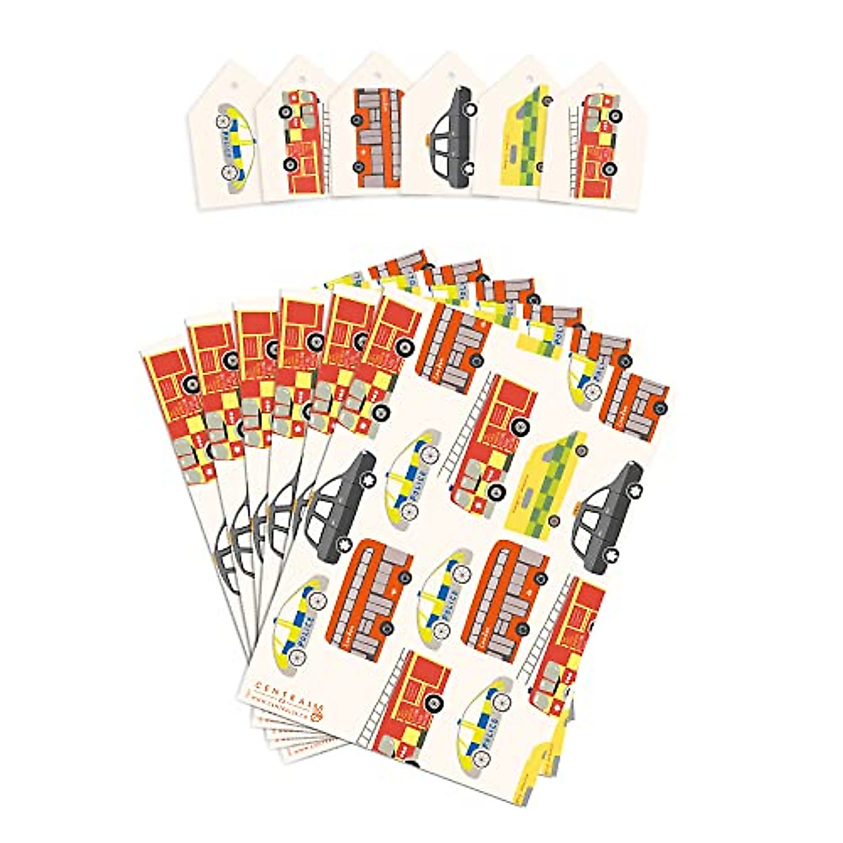 CENTRAL 23 Vehicles Wrapping Paper - Boy Birthday Wrapping Paper - 6 Sheets Gift Wrap - Firetruck - Taxi Cab - Bus - Comes With Fun Stickers - Recyclable