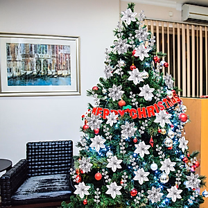 Sggvecsy 30 Pcs 3 Styles Christmas Glitter Poinsettia Flowers Artificial Berry Picks Christmas Tree Ornaments Artificial Christmas Flowers with Clips for Xmas Wreath Wedding Floral Decorations(Silver)