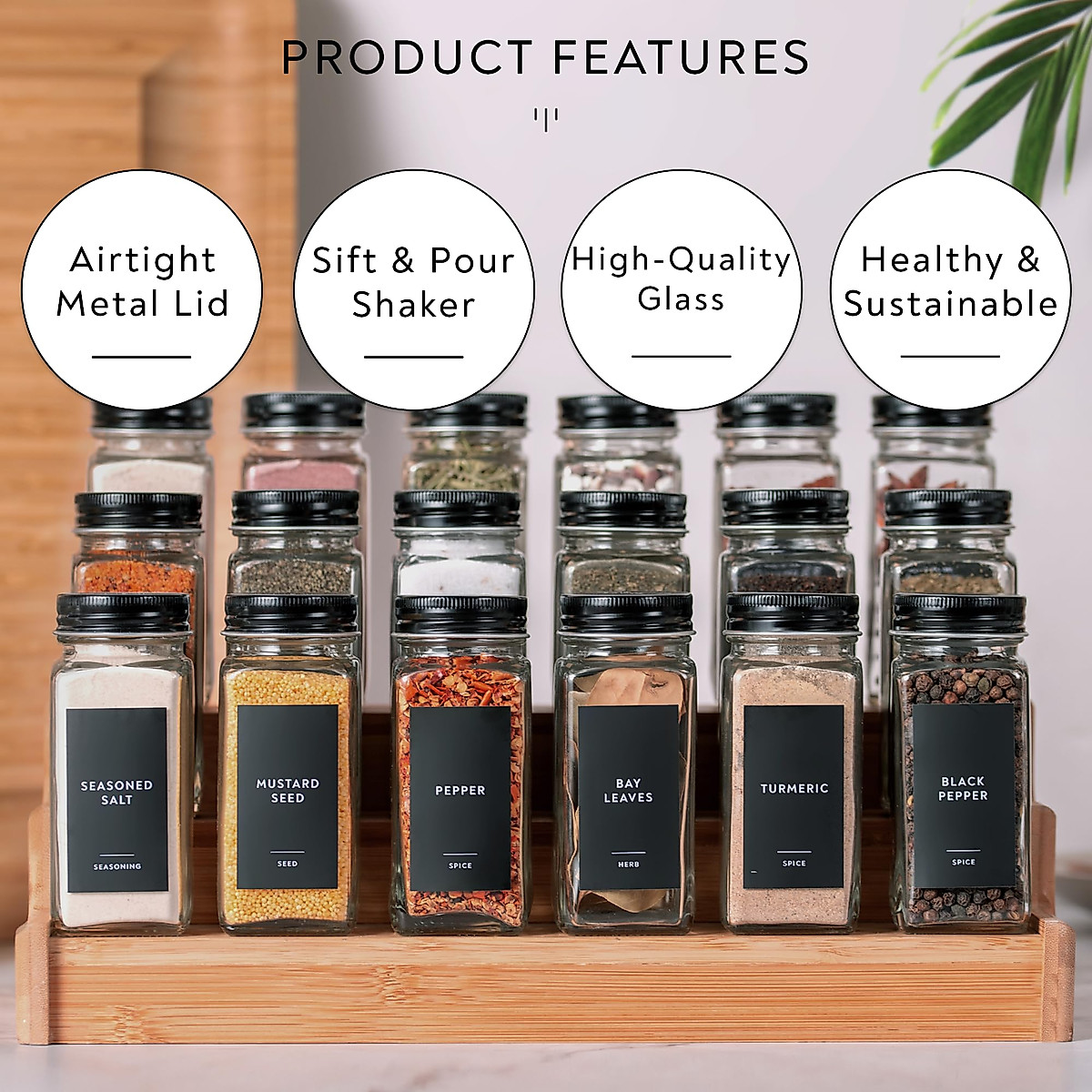 Laramaid 4oz 24Pack Spice Jars with 455 Black Vinyl Spice Labels, Shaker Lids Dispenser with Airtight Black Metal Caps, Cleaning Brush and Collapsible Silicone Funnel Complete Set