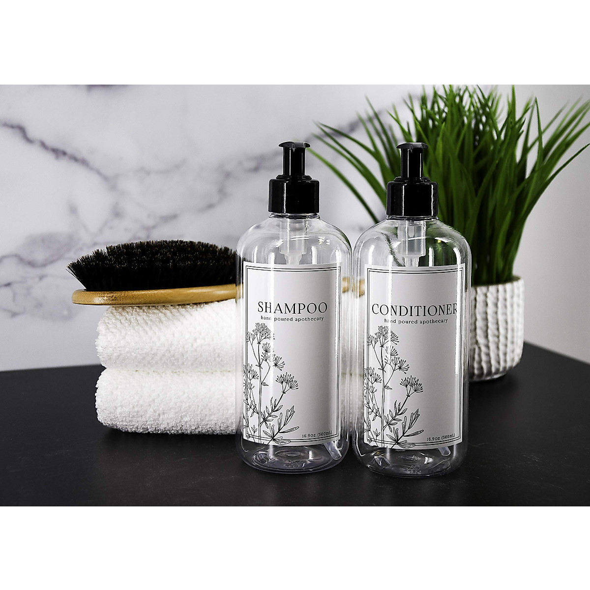 Modern Refillable Shampoo and Conditioner Dispensers by AylaMae | 500ml / 16.9oz PET Plastic Bottles (Clear with Printed Labels)