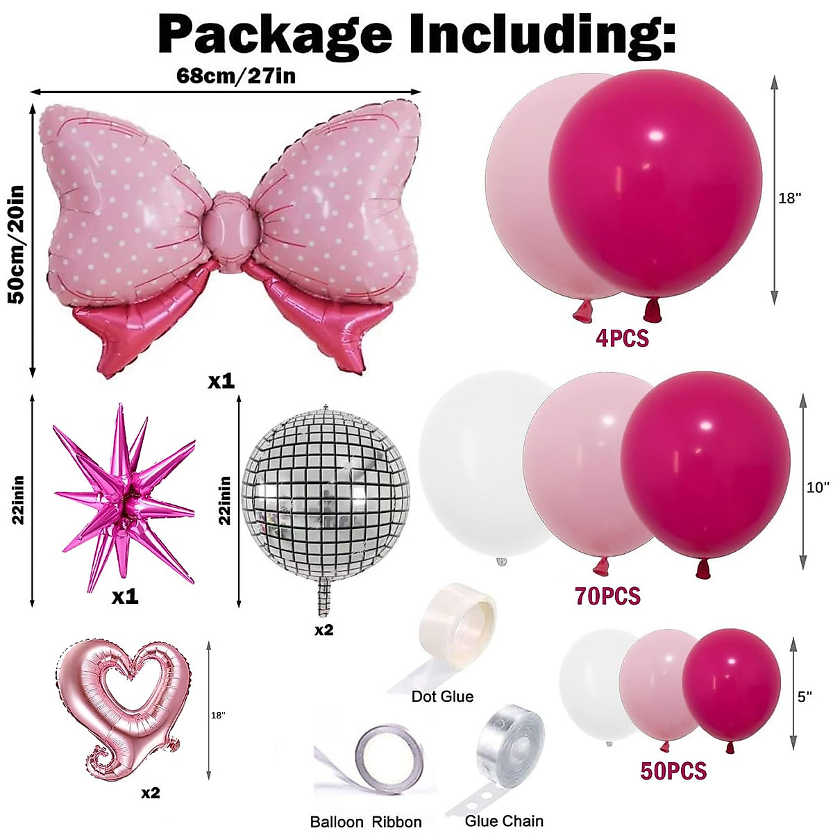 Princess Pink Balloon Garland Arch Kit, Hot Pink 4D Bow Heart Silver Disco Ball Balloons for Girls Women Birthday Wedding Bridal Baby Shower Princess Doll Theme Party Decorations
