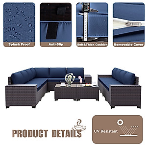 Delnavik Patio Furniture Set Sofa 12-Pieces Wicker Sectional Sofa Set, Outdoor Furniture Rattan Patio Conversation Set with Thickened Cushions and Glass Coffee Table, Navy Blue