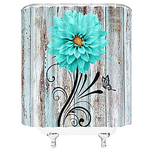 Teal Dahlia Floral Shower Curtain Daisy Flower Butterfly Country Farmhouse Rustic Turquoise Wooden Board Plank Barn Door Bathroom Decor Accessories Polyester Fabric Set with 12 Hooks 70 X 70 in