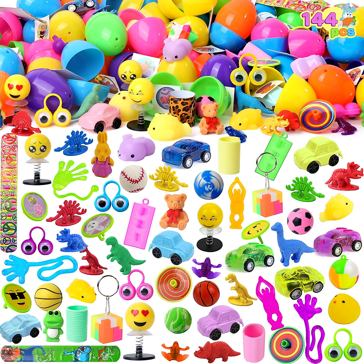 JOYIN 144 PCS Prefilled Easter Eggs with Assorted Toys for Easter Egg Hunt, Party Favors, Basket Stuffers, Classroom Prize Supplies