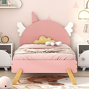 Lifeand Twin Size Bed with Shelf Behind Headboard,Wooden Cute Platform Bed with Curved Headboard,Pink