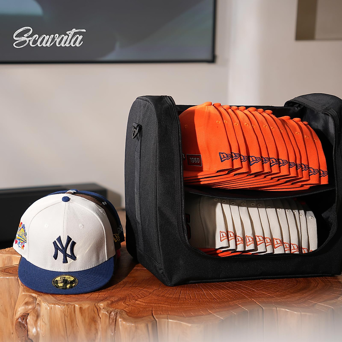 SCAVATA Large Hat Bag for Baseball Caps, Hat Organizer Bag for Traveling & Moving, Storing Snapback Cap, Portable Hat Carrier Holder Case for 20-24 Caps (Black)