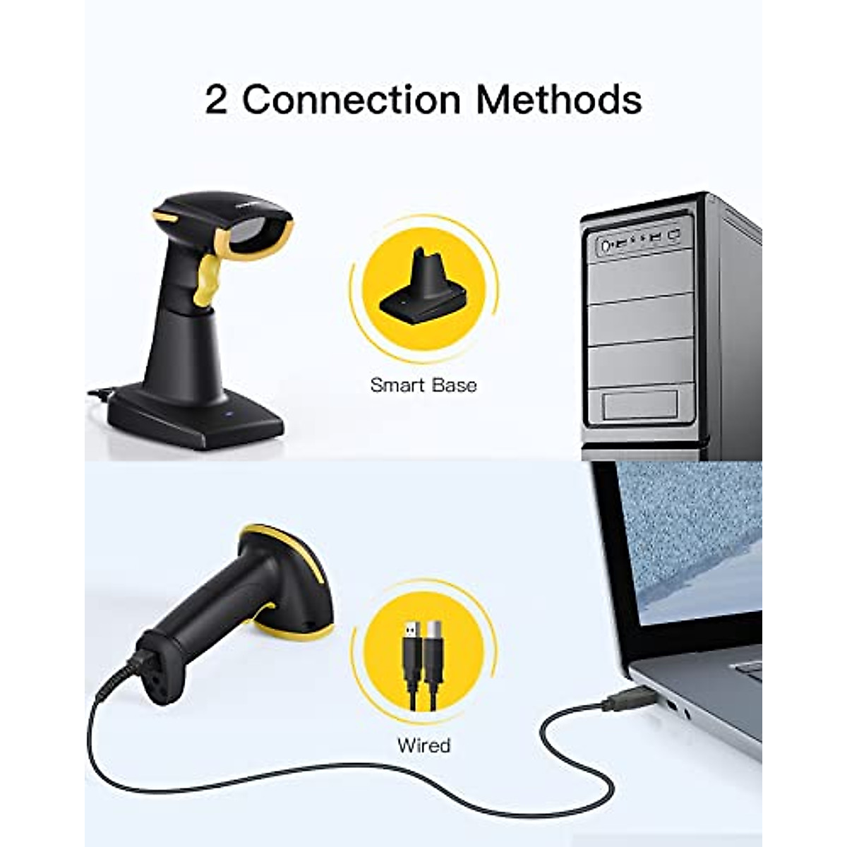 Officelab Barcode Scanner, 1D Wireless 2.4Ghz Smart Base, Screen Scanning, BS01002 Yellow
