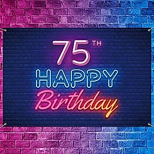 Glow Neon Happy 75th Birthday Backdrop Banner Decor Black – Colorful Glowing 75 Years Old Birthday Party Theme Decorations for Men Women Supplies