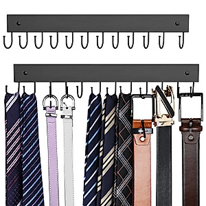 Belt Hanger Wall Mounted, Wooden Belt Organizer 2 Pack Max 24 Storage Capacity, 180° Rotating Space Saving Hangers for Ties, Tank Tops, Scarves, Bras, Keys, Bags Black