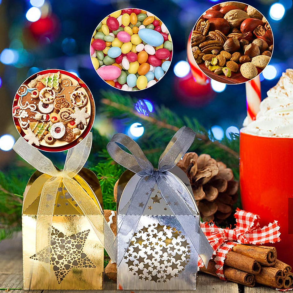 Naler 40pcs Mini Paper Treat Boxes Candy Goodie Gift Boxes with Ribbon for Halloween Christmas Wedding Favor Party Gift Wrap Decoration, Gold & Silver, 2 x 2 x 3 Inches