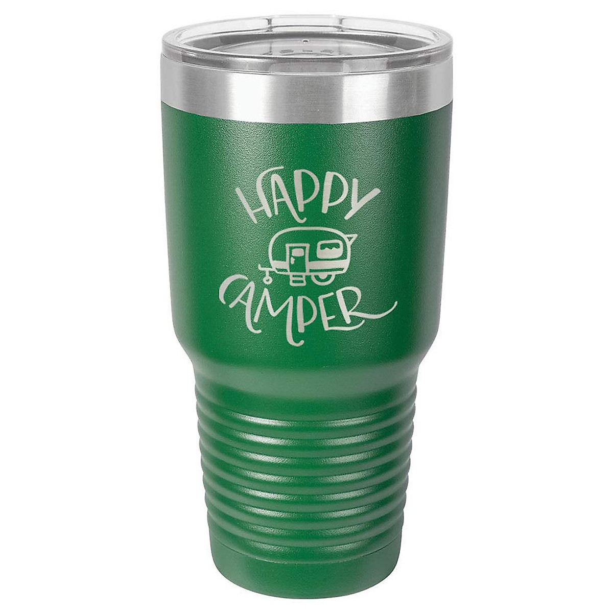 HAPPY CAMPER Green 30 oz Tumbler With Straw and Slide Top Lid | Stainless Steel Travel Mug | Compare To Yeti Rambler