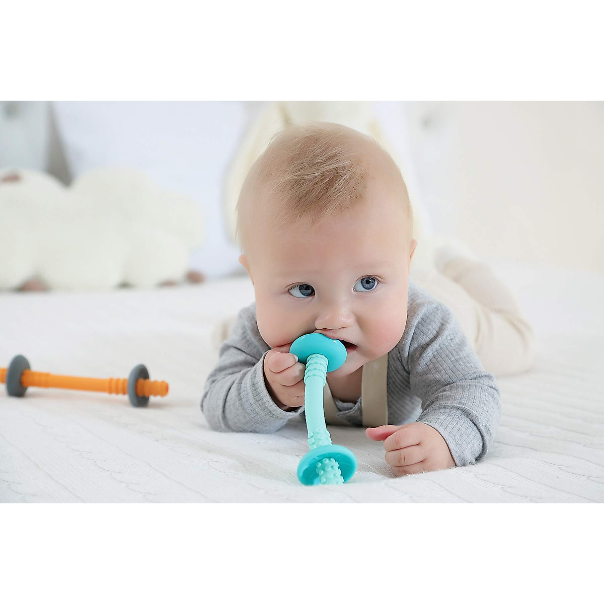Teething Tube with Safety Shield - Baby Hollow Teether Sensory Toys & Gum Massager for Infants 3-12 Months Boys Girls, BPA-Free Food-grade Silicone, 1 Pair with 4 Cleaning Brush Included (Yellow+Gray)