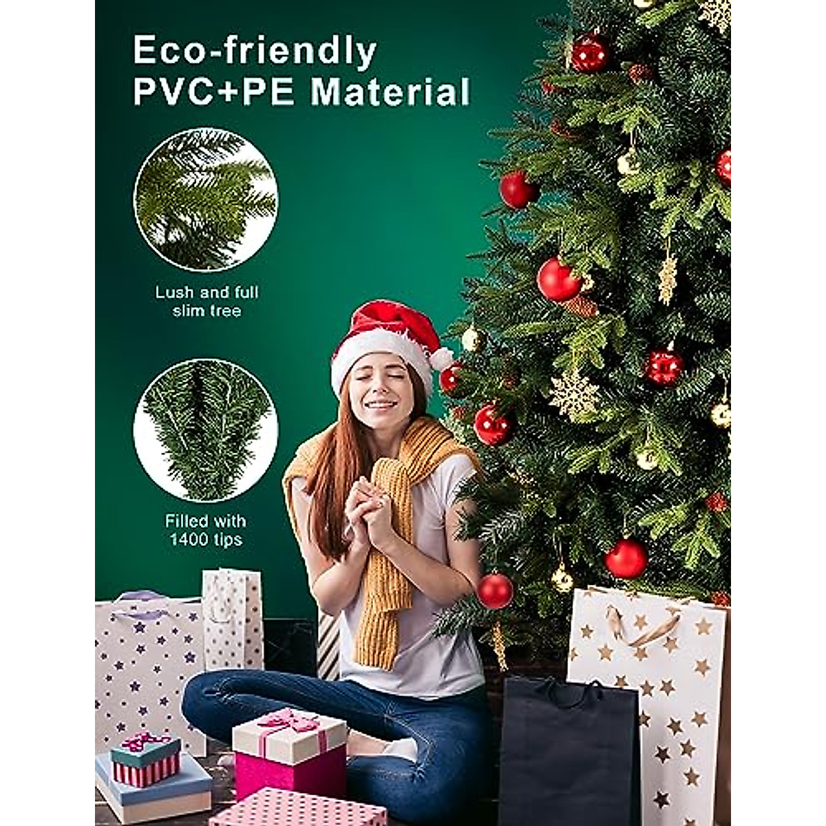 7.5ft Artificial Christmas Tree Holiday Xmas Tree w/ 1,400 Branch Tips, Christmas Tree Decorations, Christmas Tree Stand Metal Hinges & Foldable Base, Easy Assembly for Home, Office, Party Decoration