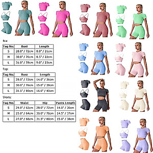 Women's Seamless Yoga Outfits 3 Pieces Workout Short Sleeve Crop Top + Camisole Tank Sports Bra + High Waisted Running Shorts Sets Biker Activewear Athletic Fitness Tracksuit Gym Clothes Pink Small