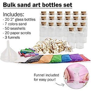Upper Midland Products Sand Art Wishing Bottles, Bulk Sand Art She Shell Set, 20 Glass Bottles, 50 Seashells, 7 Color Sand, 20 Letter Paper, 3 funnels