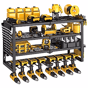 jsyonii Power Tool Organizer Wall Mount, 4 Layer Heavy Duty Metal Power Tool Storage Rack with 8 Drill Holders, Heavy Duty Metal Garage Tool Shelf with Wrench Hammer Pliers Screwdriver Holder