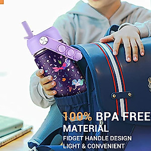 Erimaki 14 Oz Kids Mermaid Purple Water Bottle With Straw Lid And Fidget Handle, Double Walled Vacuum Insulated Tumbler, Cute Stainless Steel Metal Bottles Gift For Girl Child Sport School Travel Bulk