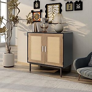 Wekity Rattan Cabinet with Storage, Sideboard Storage Cabinet with 2 Rattan Decorated Doors Fixed Shelf Large Space Wood Cabinet for Living Room Entryway Hallway Dining Room (Black)