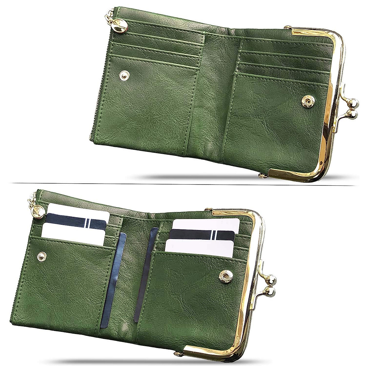 PofeeXIO Womens Wallet RFID Small Compact Bifold Leather Vintage Wallet,Ladies Coin Purse with Zipper and Kiss Lock (Green)