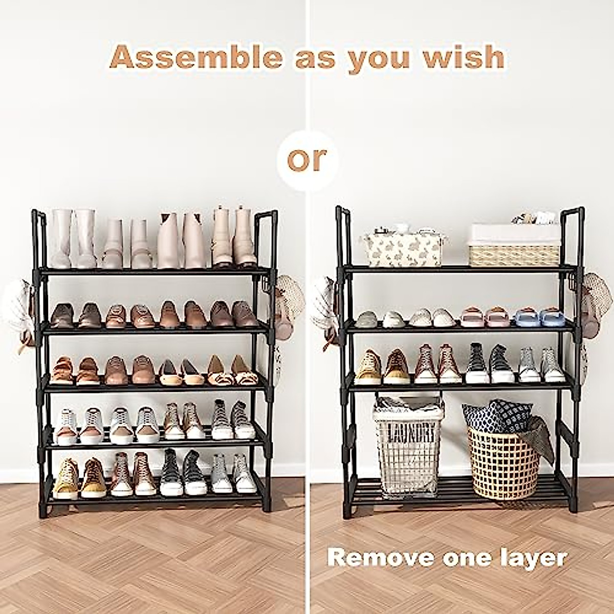 VTRIN Shoe Rack 5 Tier 20-25 Pairs Shoe Rack for Entryway Sturdy Shoe Organizer Storage for Closet Bedroom Dorm Heavy Duty Black Metal Shoe Shelf with Hooks