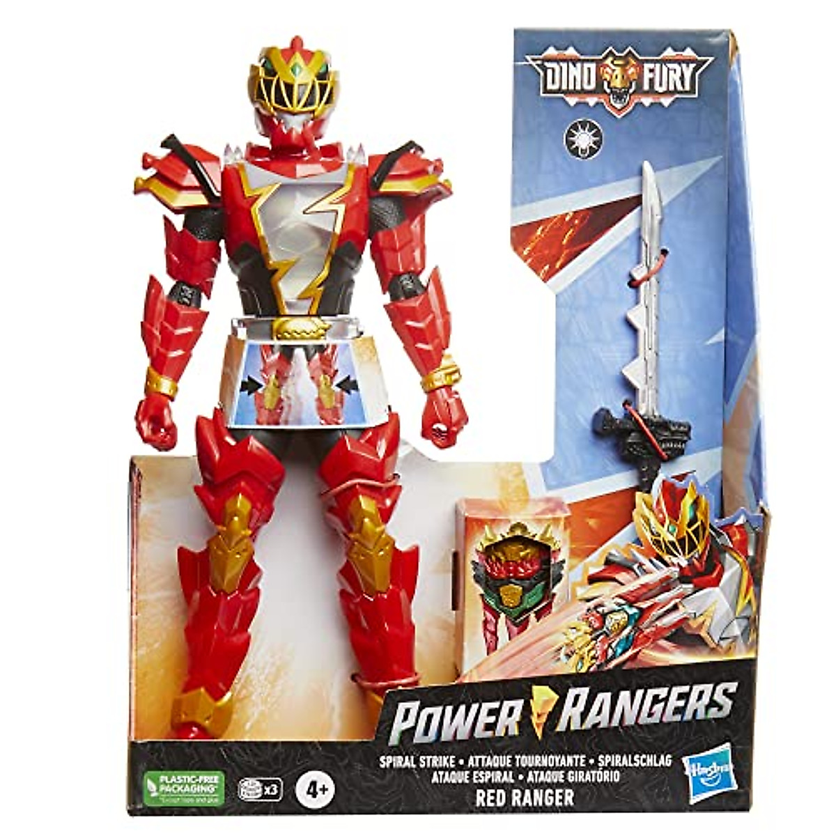Power Rangers Dino Fury Spiral Strike Red Ranger, 12-inch Action Figures, Electronic Spinning and Light FX, Toys for 4 Year Old Boys and Girls and Up