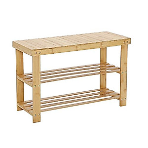 C&AHOME Shoe Rack Bench Bamboo, 3-Tier Shoe Organizer for Entryway, Shoe Storage Shelf Holds up to 240 LBS, Storage Benches Ideal for Bathroom Bench, Entryway, Hallway and Living Room, Natural