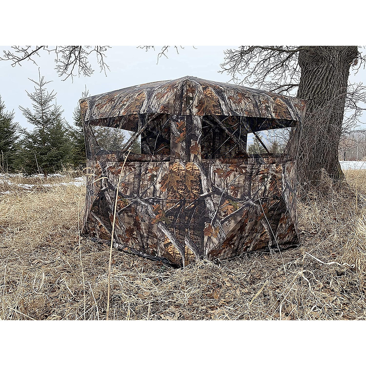 THUNDERBAY Gobbler Lodge 5-Side Hunting Blind, 4 Person Ground Blind for Deer Hunting, 300D Oxford Fabric Deer Blind, JX Hardwood Camo Pattern