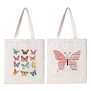 THEYGE Butterfly Cotton Canvas Bag Aesthetic Butterflies Tote Bag for Women Girls Gift Funny Tote Bag Cute Butterfly Theme Reusable Tote Bag Book Tote Shopping Shoulder Bag
