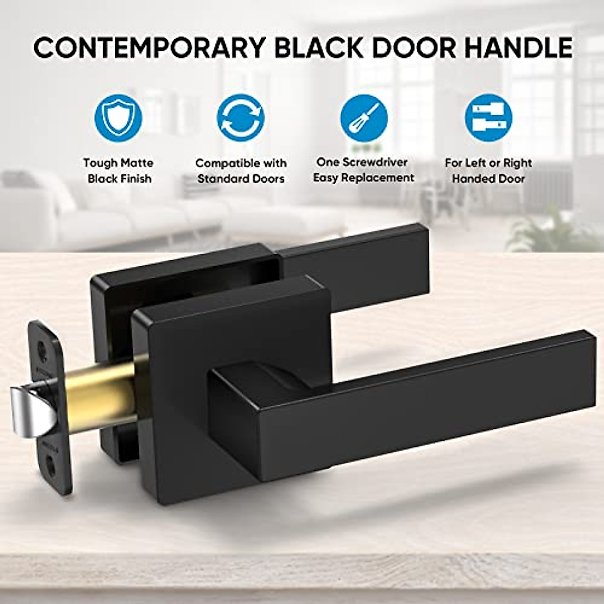 TICONN 5Pk Door Handle Heavy Duty, Reversible Square Door Lever for Bedroom, Bathroom and Rooms (Black, Passage, 5 Pack)