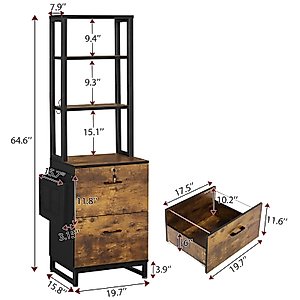 Itaar 2 Drawer File Cabinet with Lock, Filing Cabinet fits Letter, Legal, A4 Size, Hanging File Folders, File Cabinets for Home Office with Adjustable Storage Shelf and Hook, Rustic Brown