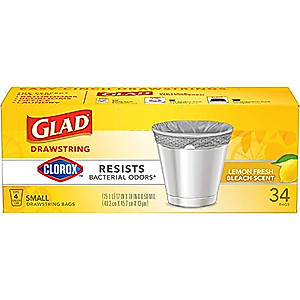 Glad Small Drawstring Trash Bags with Clorox, 4 Gallon Grey Trash Bags, Lemon Fresh Bleach Scent, 34 Count (Package May Vary)