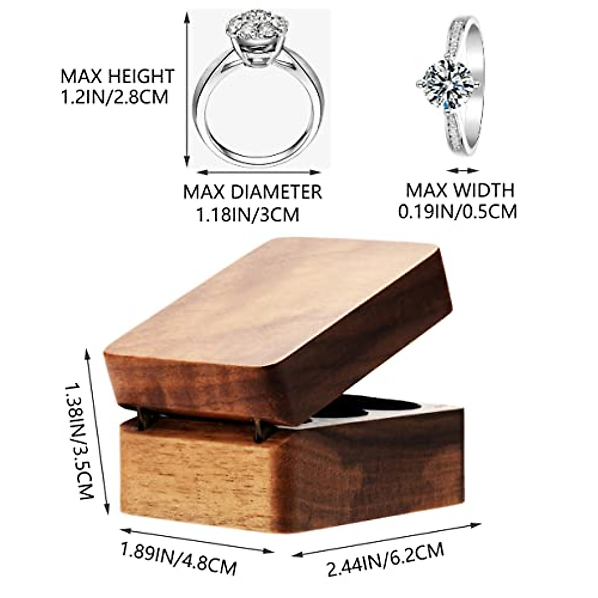 COSISO Walnut Wooden Wedding Ring Storage Box,Solid Ring Holder for Ring 3 Slots Wedding Ceremony Engagement Birthday (Black Inner)