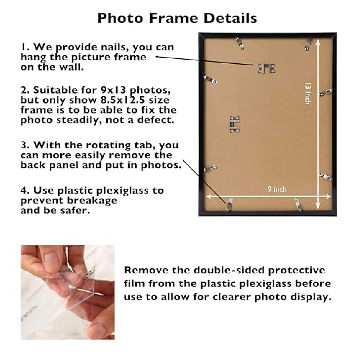 JCJMY 9x13 Picture Frame Black for Wall Hanging, Wall Mounting Horizontally or Vertically, 9 x 13 Wall Gallery Poster Photo Frame with Shatter Resistant Plexiglass, Black