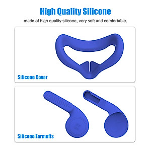 AMVR VR Silicone Face Cover & Ear Muffs for Oculus Quest 2 Headset, Sweatproof Waterproof Anti-Dirty Replacement Facial Cushion and Enhance Headset Sound Headphone Extension Cover (Blue, 1 Set)