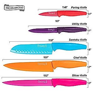 MICHELANGELO Kitchen Knife Set 10 Piece, Rainbow Knife Set for Kitchen, High Carbon Stainless Steel Kitchen Knives Set, Dishwasher Safe, Colorful Knife Set- 5 Knives and 5 Knife Covers