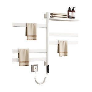 Heated Towel Rack with Top Tray,Electric Swivel Towel Rack Wall Mounted Drying Rack, Towel Warmer 5 Bars with Built-in Timer, for Home Bathroom, Salons and Spas,Plug-in or Hardwired,White