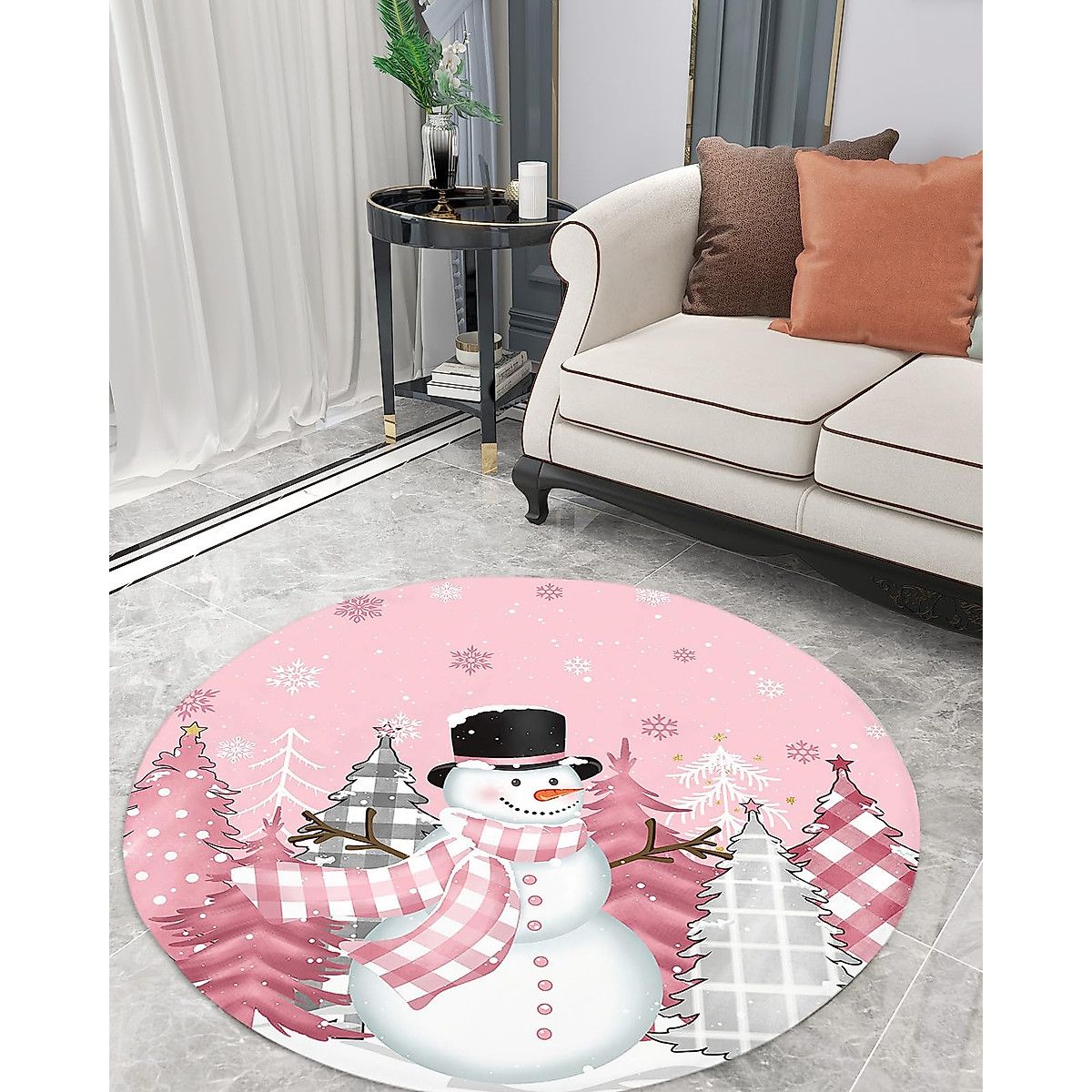 Blush Pink Snowman Fluffy Round Area Rug Carpets 4ft, Plush Shaggy Carpet Soft Circular Rugs, Non-Slip Fuzzy Accent Floor Mat for Living Room Bedroom Nursery Home Decor Christmas Dot Plaid Tree