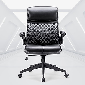 COLAMY Office Desk Chair-Executive Computer Chair, Ergonomic Leather Office Chair with Padded Flip-up Armrests, Adjustable Height Swivel Rolling Work Study Chair for Home Office Conference Room-Black