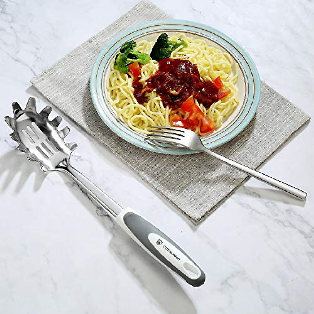 Premium Spaghetti Spoon Server Set - Stainless Steel Slotted Pasta Spoon and Fork with Comfortable Grip Design - Ideal for Serving and Straining Spaghetti, Noodles, and More - Set of 2 With Bonus Gift