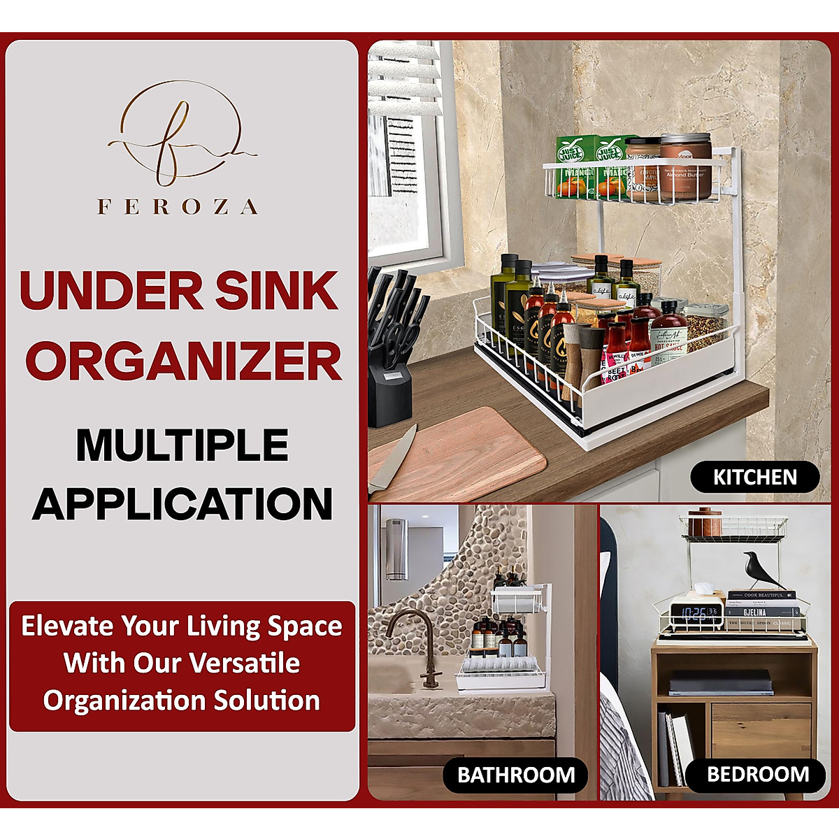 FEROZA Under Sink Organizers and Storage Carbon Steel 2-Tier Slide Out Sliding Shelf, L-Shape Under Cabinet Storage Multi-Functional Under The Sink Organizer Kitchen and Bathroom (1, White)