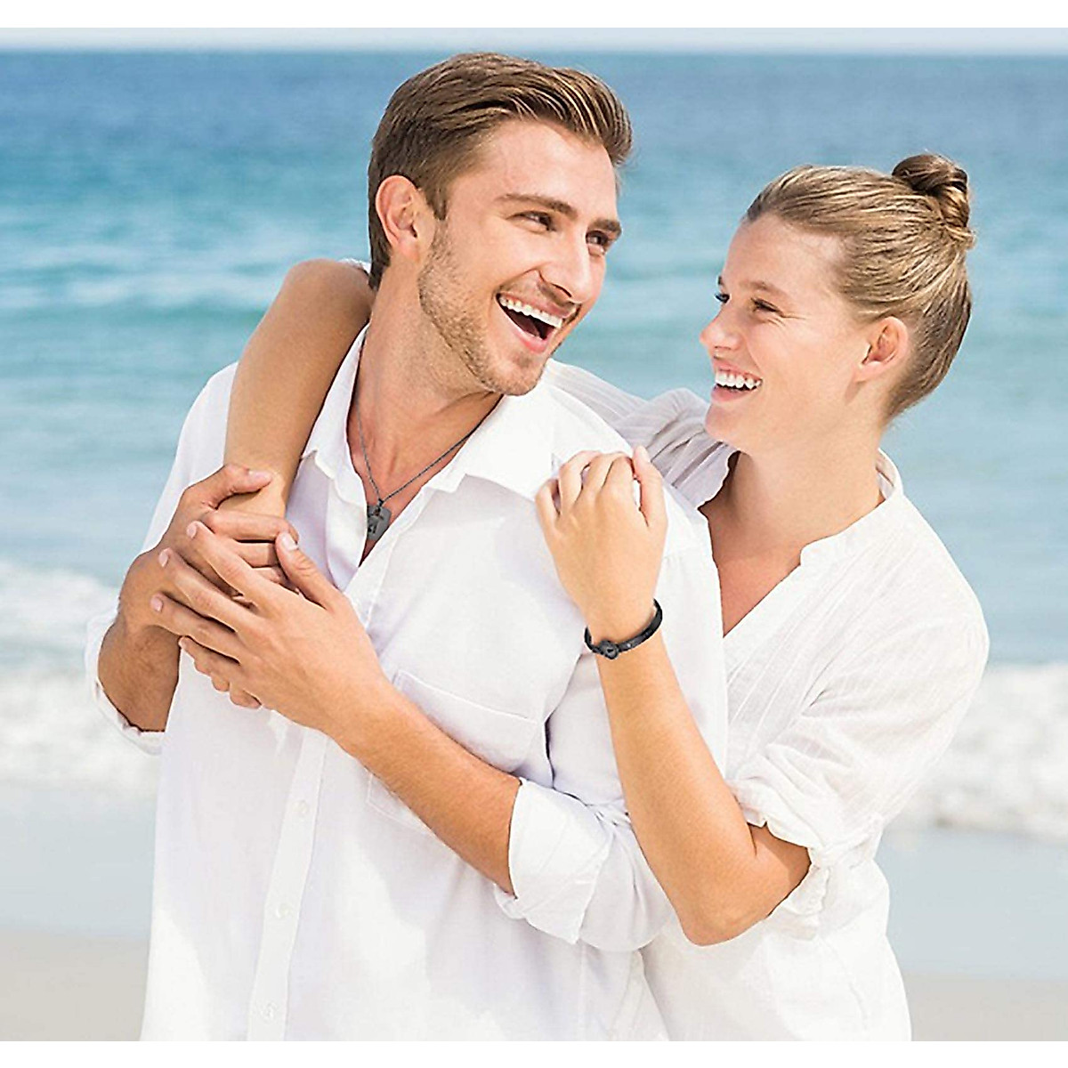 MYNENEY Personalized Lock Bracelet and Key Necklace Set Couples Jewelry - Inspirational Message Engraved His and Hers Stainless Steel Meaningful Chain Bracelet for Women Men (Black)