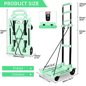 Folding Hand Truck Trolley 80Kg/176Lbs Heavy Duty Luggage Utility Cart with Rotate 4 Wheels Warning Sign Telescoping Handle Portable Fold Up Dolly Bungee Cord for Moving Shopping Travel(Green Pro)